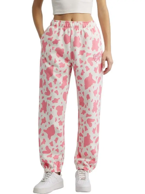 HAPPY CAMP3R Cow Print Fleece Joggers - Cream/pink