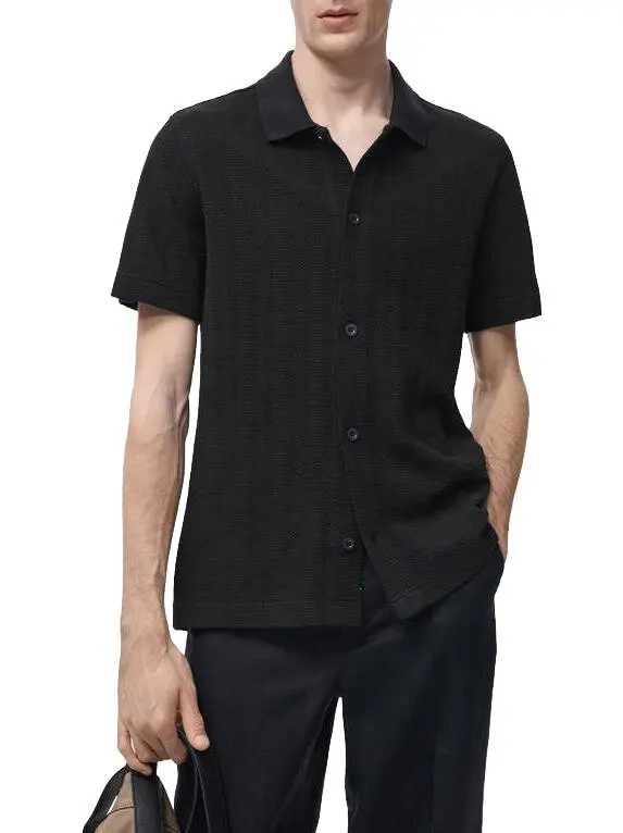 Mango Short Sleeve Structured Knit Button-up Shirt - Black