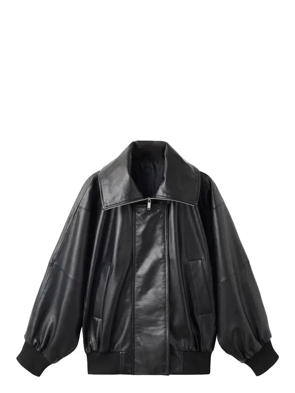 Mango Oversize Leather Bomber Jacket - Black
