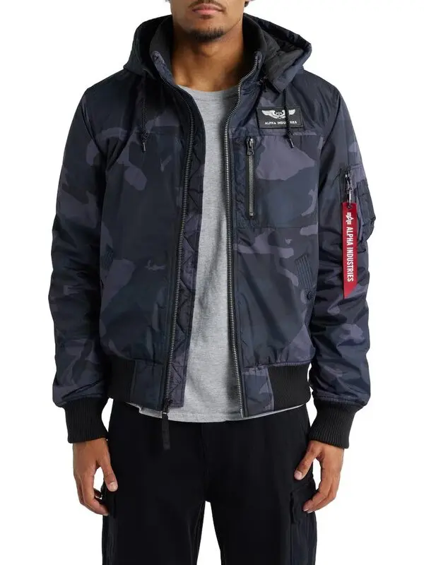 Alpha Industries Hooded Rib Flight Jacket - Black Woodland Camo