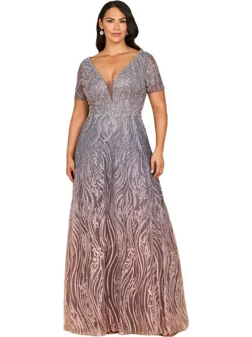 LARA NEW YORK Short Sleeve V-neck Beaded Ballgown - Multi