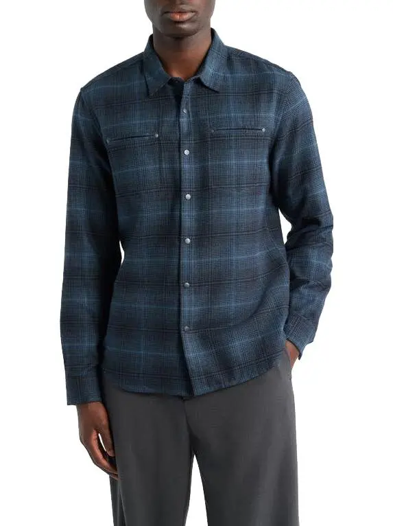 John Varvatos Dario Brushed Cotton Flannel Snap-up Shirt - Titanium Blue