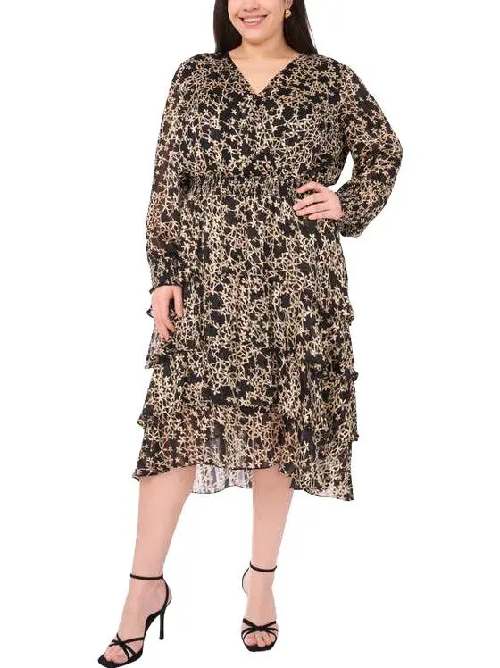 Vince Camuto Metallic Floral Long Sleeve Midi Dress - Rich Black