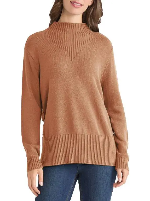 Jones New York Button Detail Ribbed Funnel Neck Sweater - Caramel