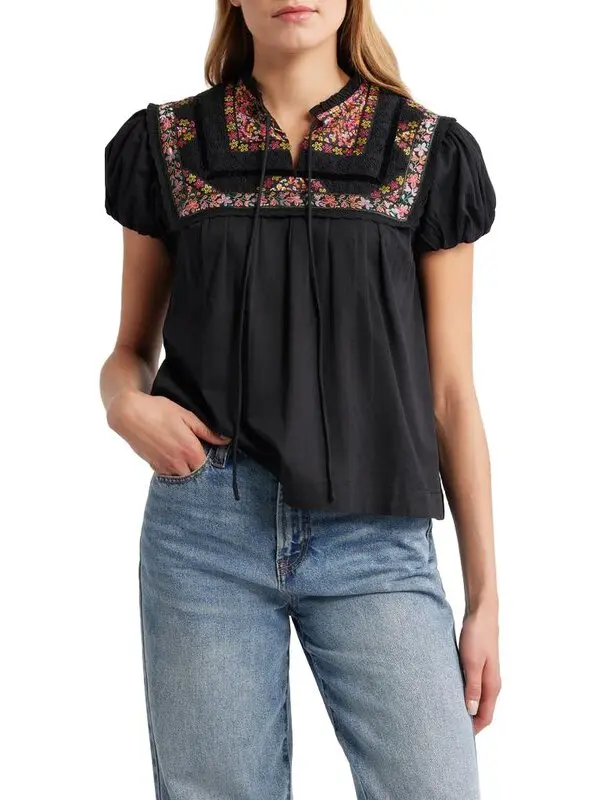 Love The Label Embroidered Puff Sleeve Top - Black