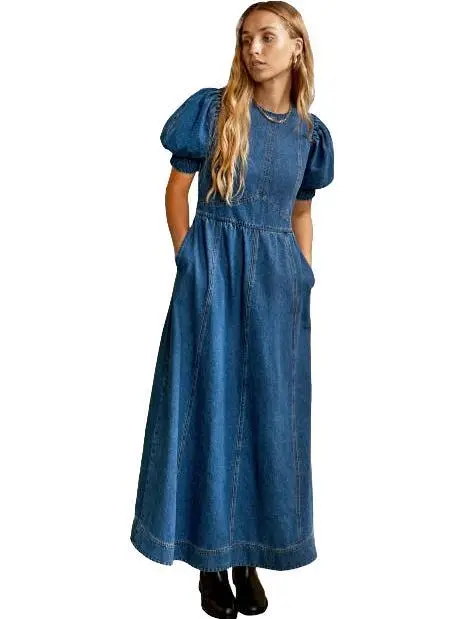 RO&ZO Denim Short Puff Sleeve Midi Dress - Blue