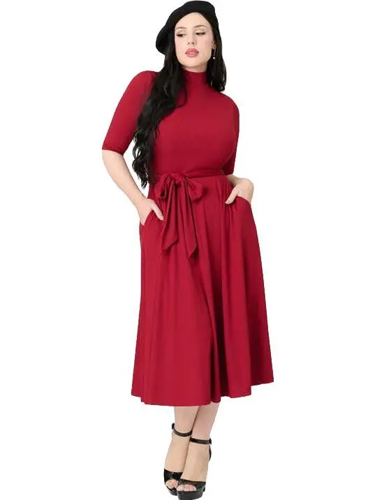 Unique Vintage 1950s Fit-and-flare Midi Dress - Burgundy
