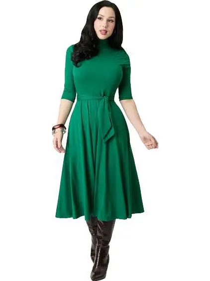 Unique Vintage 1950s Fit-and-flare Midi Dress - Green Solid