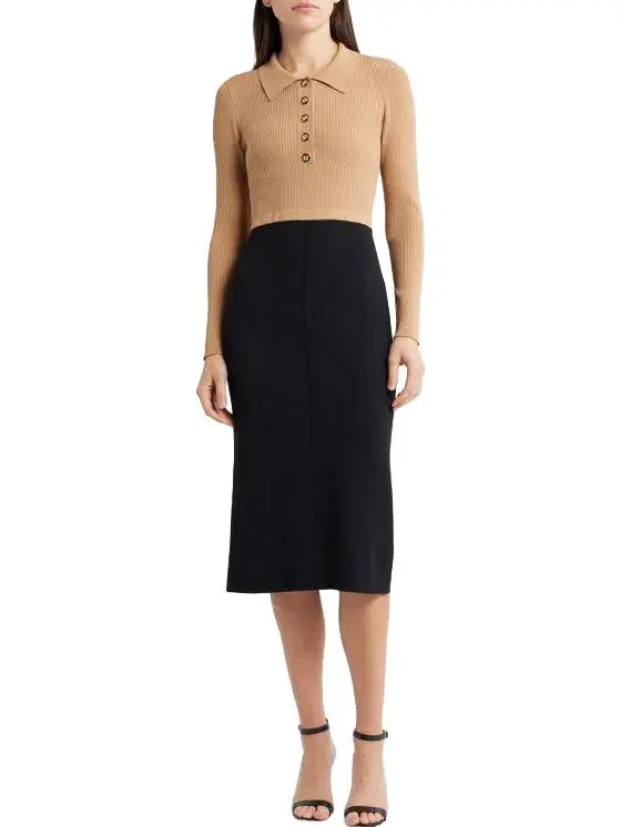 Elie Tahari Esme Long Sleeve Knit Dress - Camel Crown Beige/noir