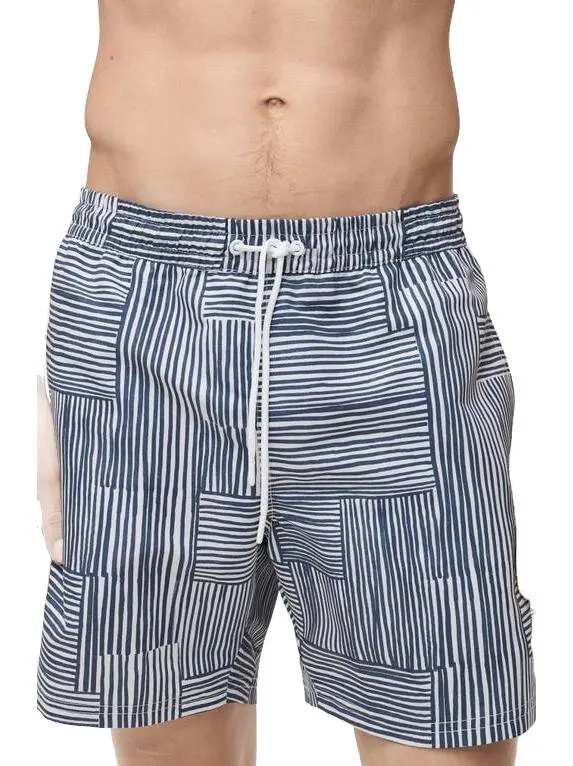 Mango Stripe Print Swim Trunks - Blue