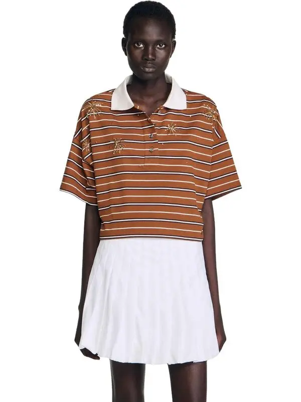 Sandro Striped Rhinestone Polo - Brown