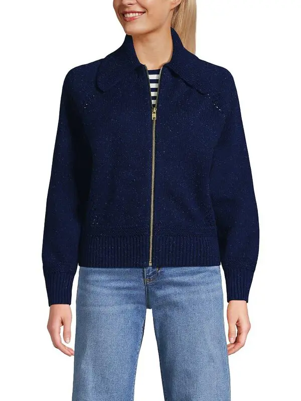 LANDS' END Drifter Collar Zip Front Cardigan - Navy Ice Multi Donegal