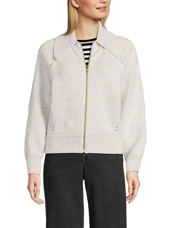 LANDS' END Drifter Collar Zip Front Cardigan - Pale Gray Heather Donegal