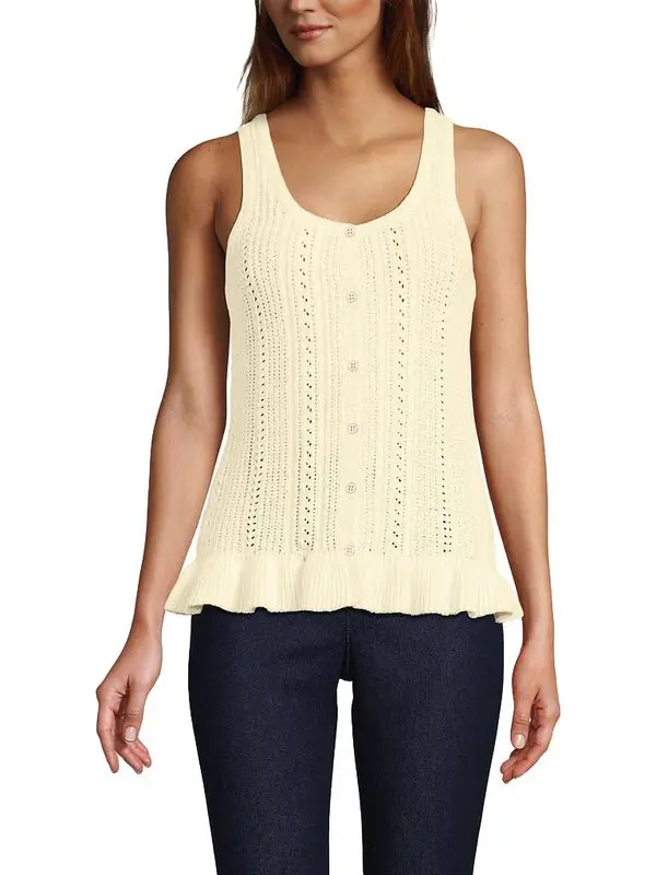 LANDS' END Cotton Boucle Ruffle Hem Sleeveless Sweater - Fresh Ivory