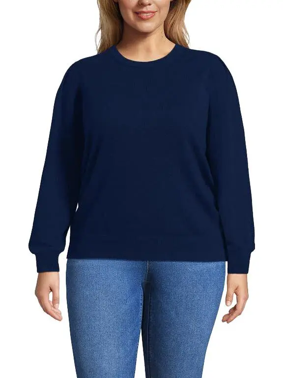 LANDS' END Cashmere Puff Sleeve Crew Neck Sweater - Deep Sea Navy