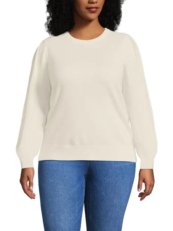 LANDS' END Cashmere Puff Sleeve Crew Neck Sweater - Fresh Ivory