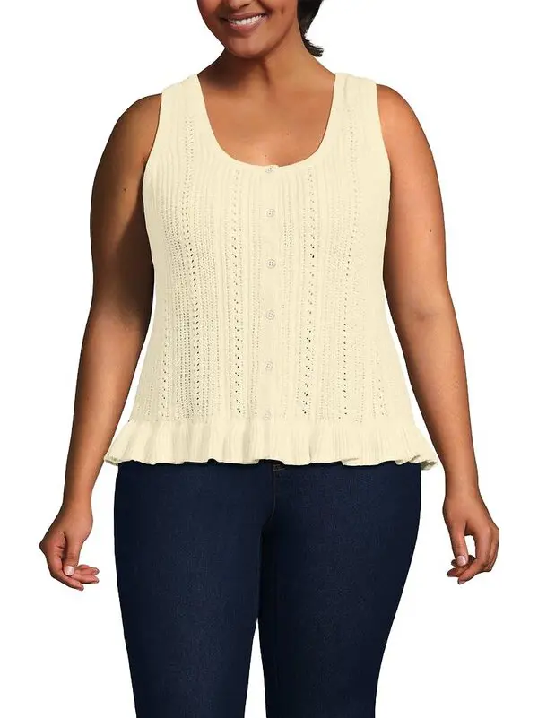 LANDS' END Cotton Boucle Ruffle Hem Sleeveless Sweater - Fresh Ivory