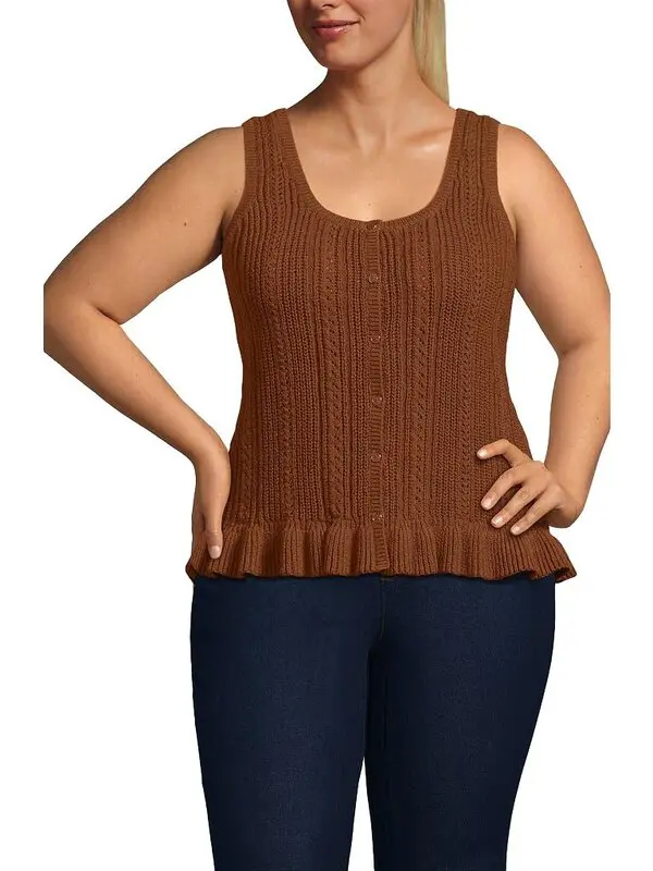 LANDS' END Cotton Boucle Ruffle Hem Sleeveless Sweater - Rich Ginger Brown