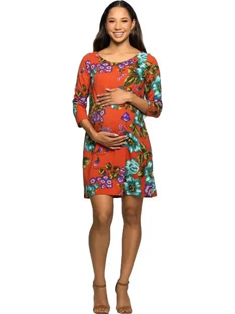 24SEVEN COMFORT APPAREL Floral Print A-line Knee Length Dress - Orange Multi