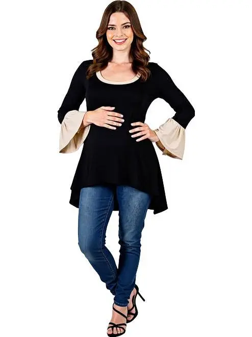 24SEVEN COMFORT APPAREL Maternity Tunic Top Bell Sleeve Hi-low - Black