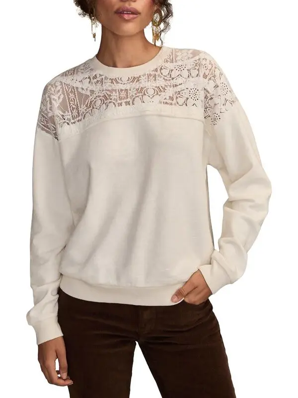 Lucky Brand Floral Lace Inset Cotton Top - Tofu