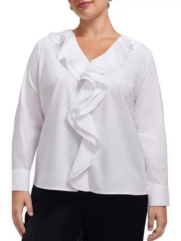 Foxcroft Shantel Ruffle Long Sleeve Top - White