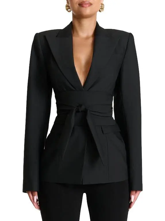 Naked Wardrobe Power Shoulder Tie Waist Blazer - Black