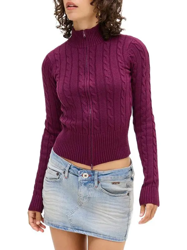 BDG URBAN OUTFITTERS Cable Knit Two-way Zipper Cardigan - Plum