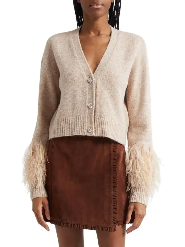 Cinq À Sept Briana Feather Trim Cardigan - Oatmeal