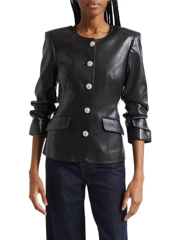 Cinq À Sept Crystal Button Faux Leather Jacket - Black
