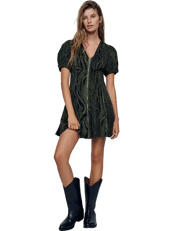 PILCRO Puff-sleeve Corduroy Mini Dress - Green Pattern