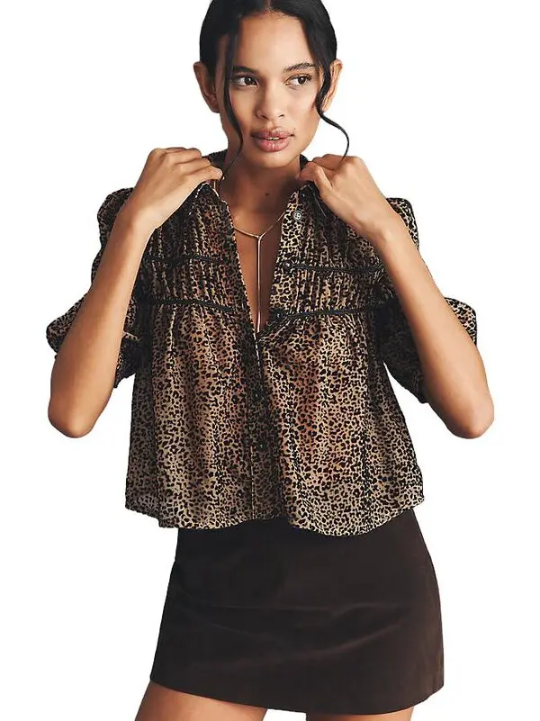 Maeve Leandra Velvet Shirred Yoke Blouse - Leopard
