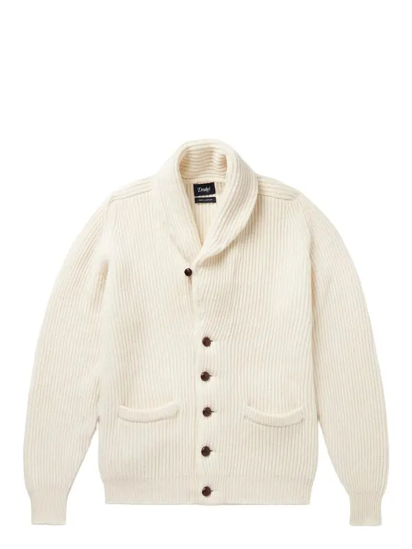 DRAKE'S Shawl-collar Ribbed Wool Cardigan - White