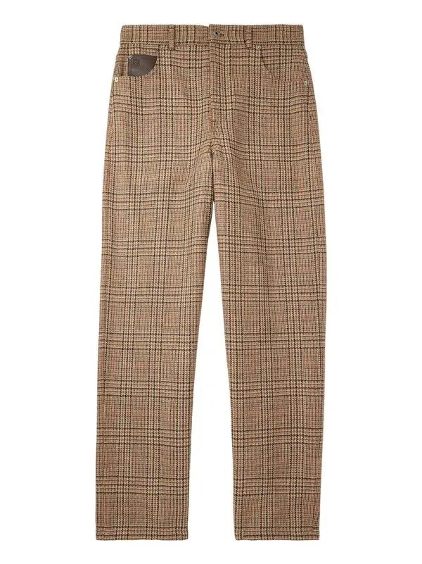 Loewe Leather-trimmed Prince Of Wales Checked Wool Trousers - Neutrals