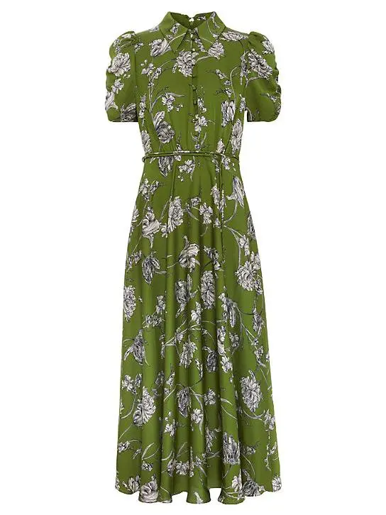 PHASE EIGHT Floral-print Puff-sleeve Stretch-woven Midi Dress - Green