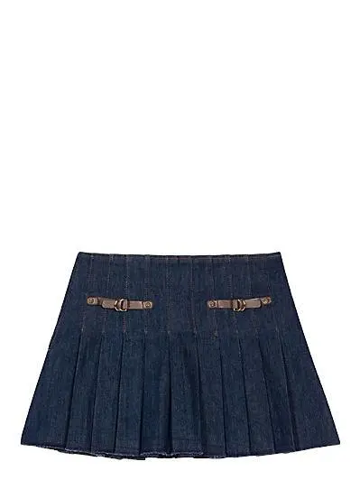 Maje Pleated Mini Stretch-denim Skirt - Navy