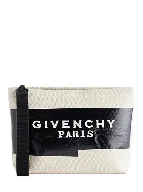 Givenchy Logo Tape Canvas Pouch - Beige Black