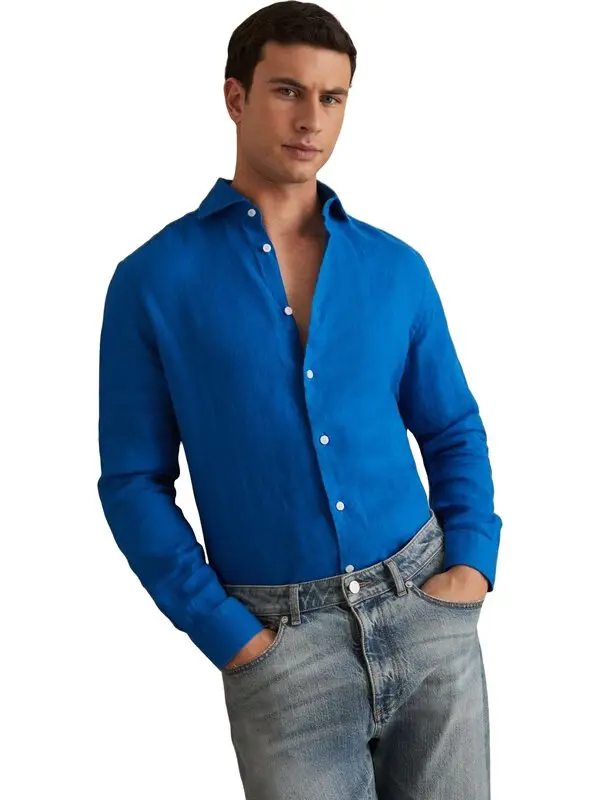 REISS Ruban Linen Button-through Shirt - Bright Blue
