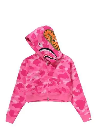 A BATHING APE Camo Crystal Stone Shark Cropped Full Zip Hoodie - Pink