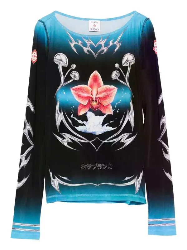 Casablanca Orchid-print Long-sleeve T-shirt - Black