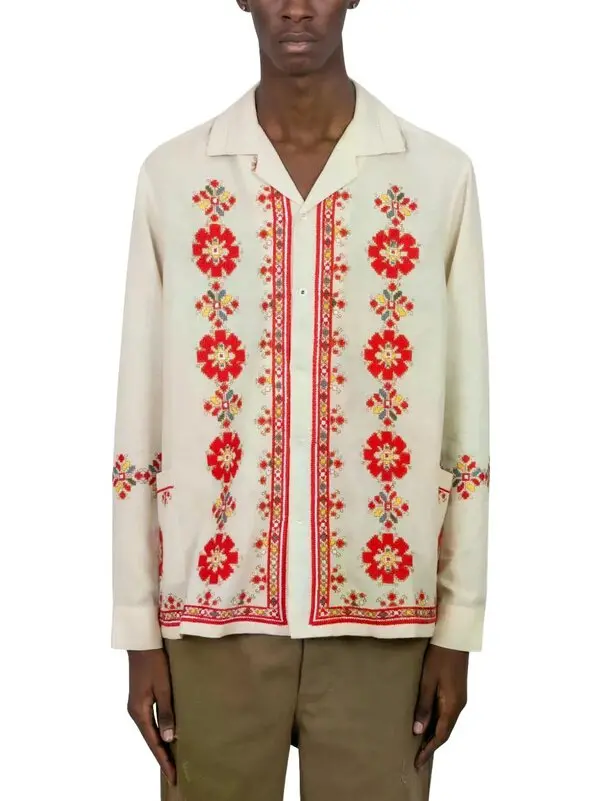 BAZISZT Floral-embroidered Revere Shirt - White