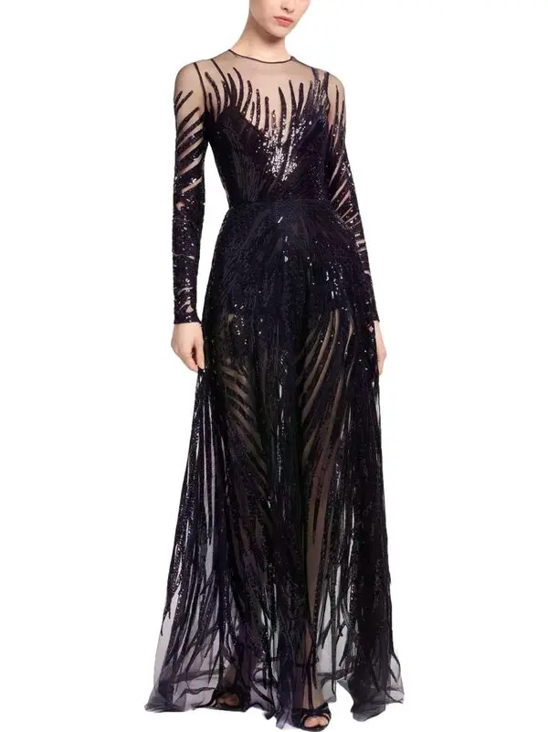 Elie Saab Sequin Tulle Maxi Dress - Black