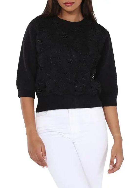RAIN AND ROSE Floral Embroidered Crewneck Sweater - Black