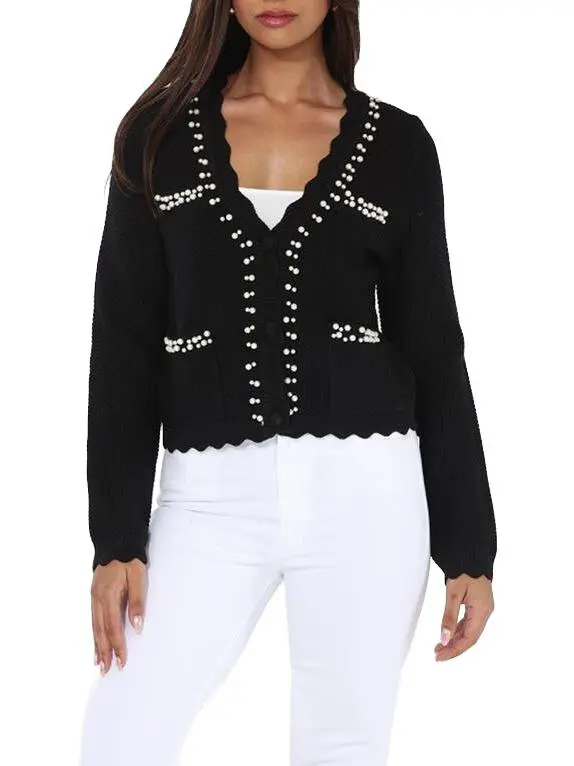 RAIN AND ROSE Beaded Scallop Trim Cardigan - Black