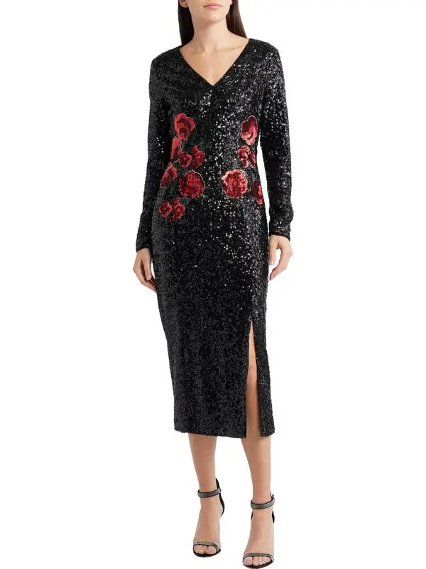 Elie Tahari Aurora Long Sleeve Sequin Dress - Noir Black