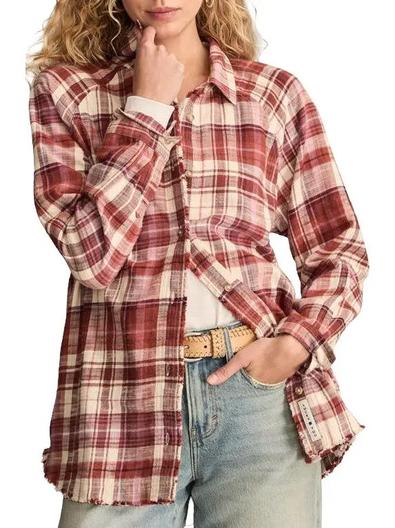 Lucky Brand Plaid Button-up Tunic Shirt - Burgundy Plaid