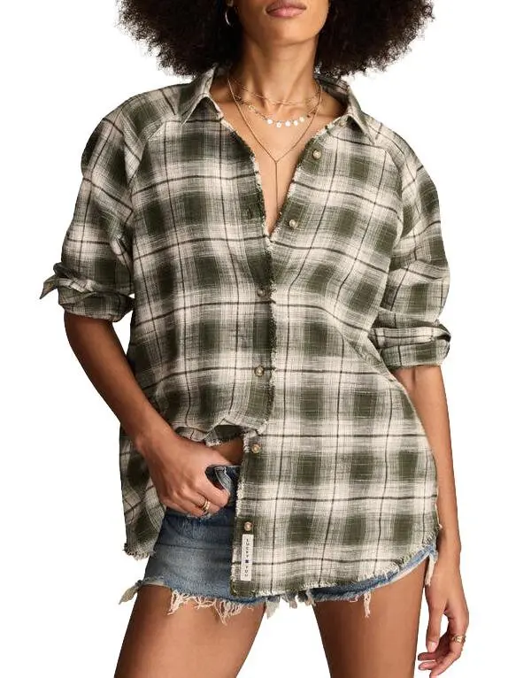 Lucky Brand Plaid Button-up Tunic Shirt - Olive Green Plaid
