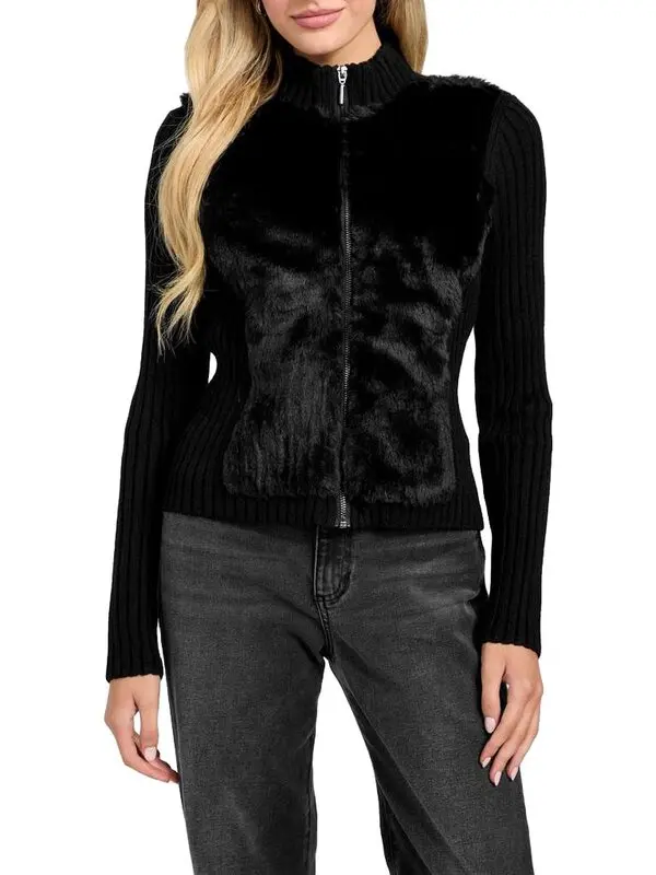Guess Mixed Media Faux Fur Cardigan - Jblack-black