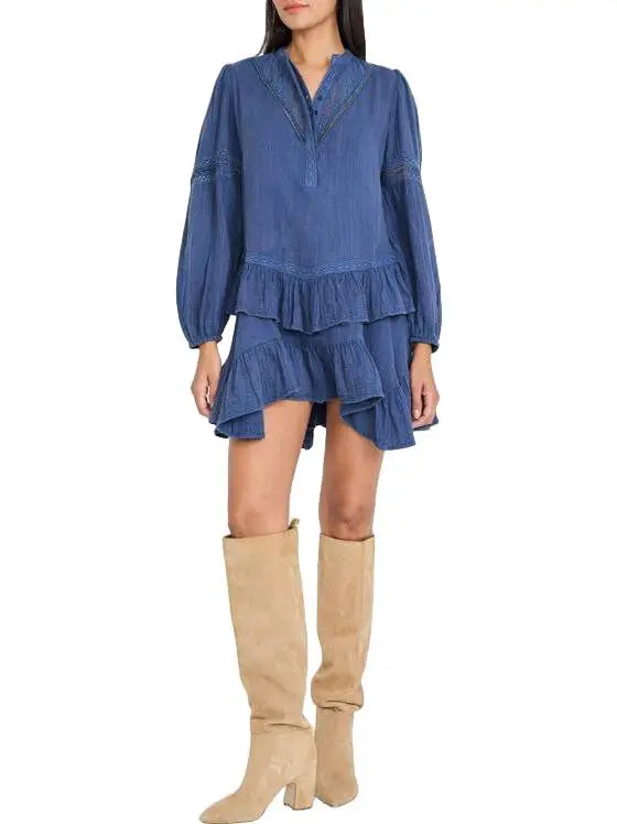 THE GOOD JOURNEY Ruffle Lace Trim Long Sleeve Denim Minidress - Washed Denim