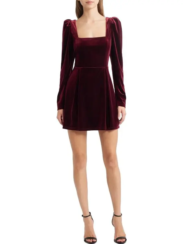 LUCY PARIS Skye Long Sleeve Velvet Mini Dress - Burgundy
